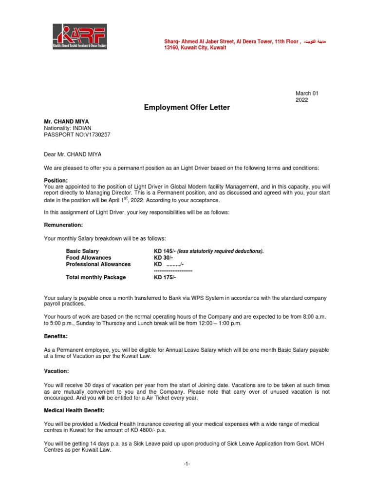 Employment Offer Letter: Mr. Chand Miya | PDF