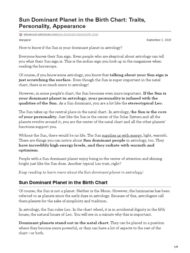 Sun Dominant Planet in The Birth Chart Traits Personality Appearance ...