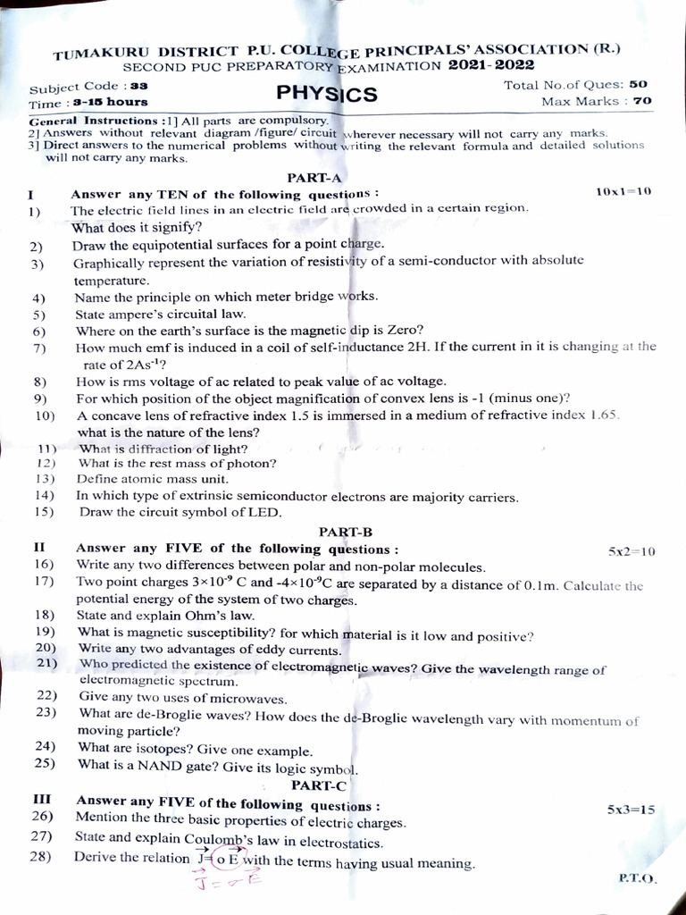 2nd Pu Physics Preparatory Paper Tumkur21-22 | PDF