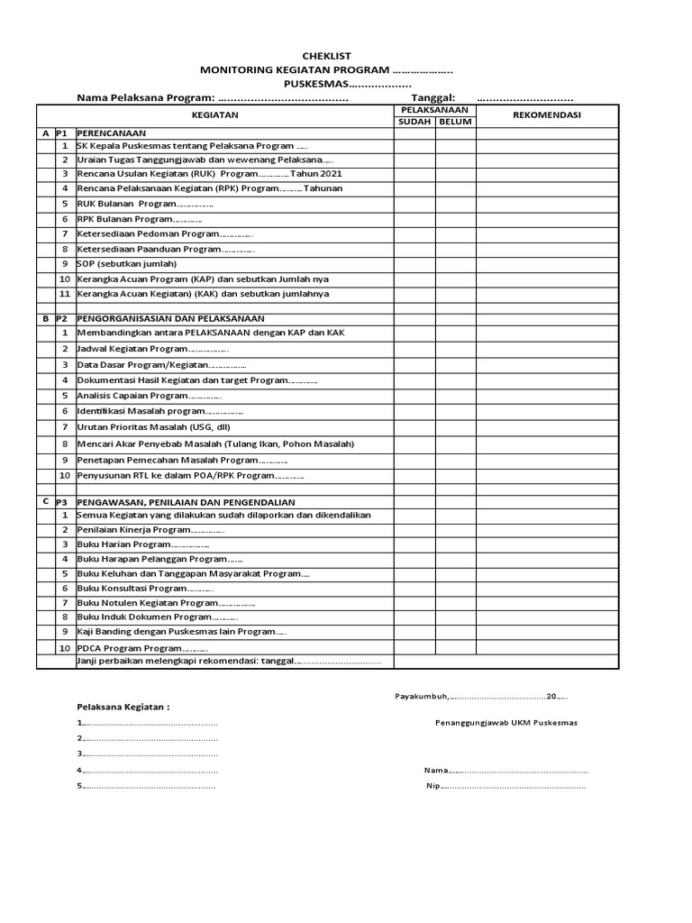 Ceklis Monitoring Pj. UKM Dan Pemegang Program | PDF