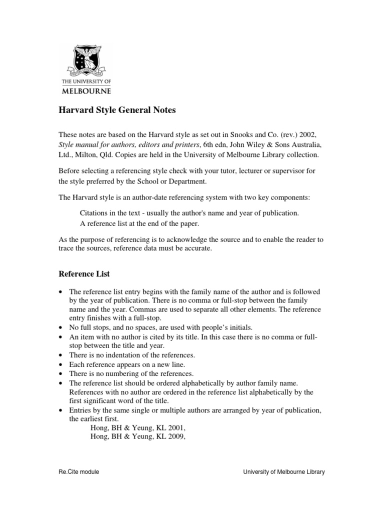 Harvard Style General Notes: Style Manual For Authors, Editors and ...
