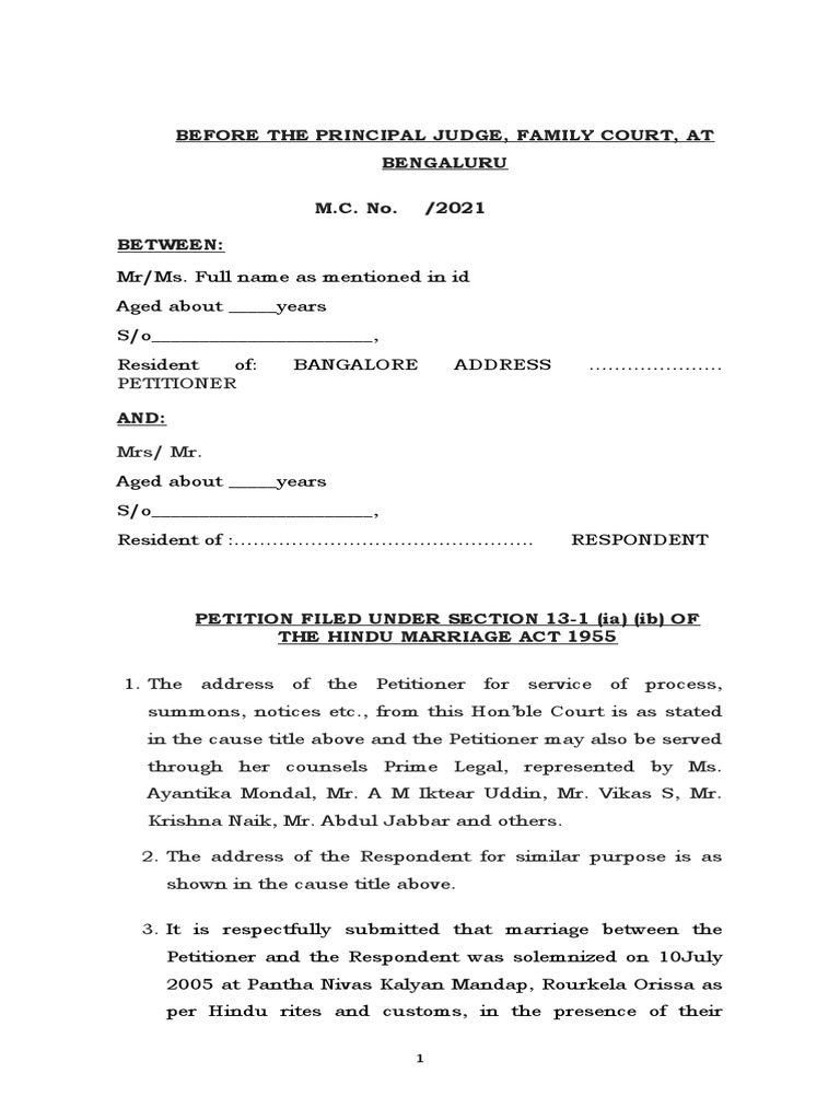 Sample Divorce Petition Draft | PDF | Family | Marriage