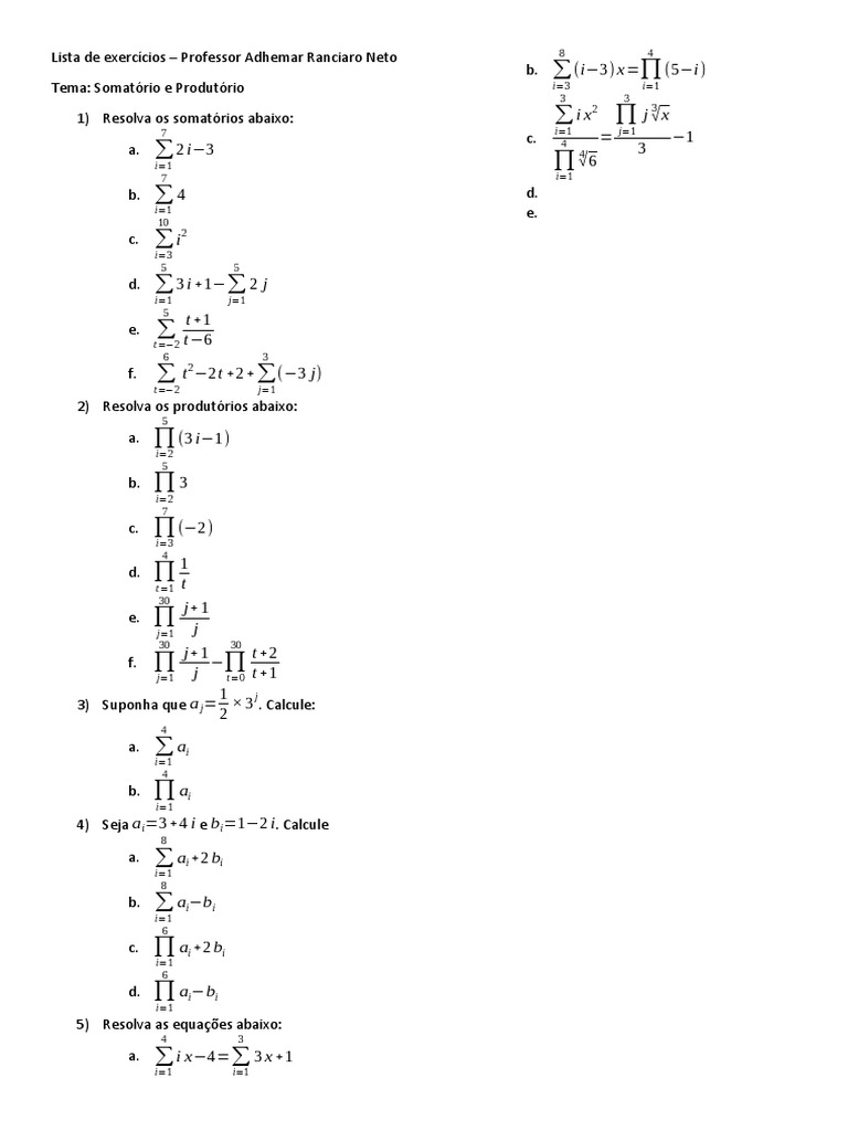 Lista de Exercícios Somatório | PDF | Matemática | Notação matemática