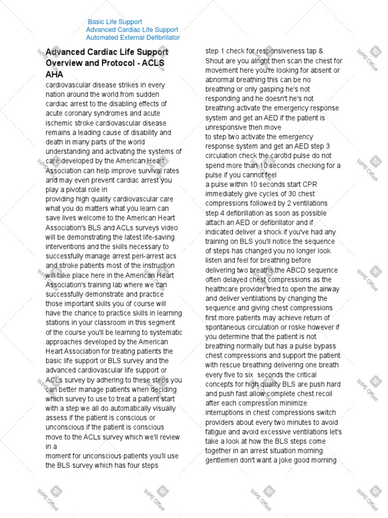 Advanced Cardiac Life Support Overview and Protocol - ACLS AHA | PDF ...