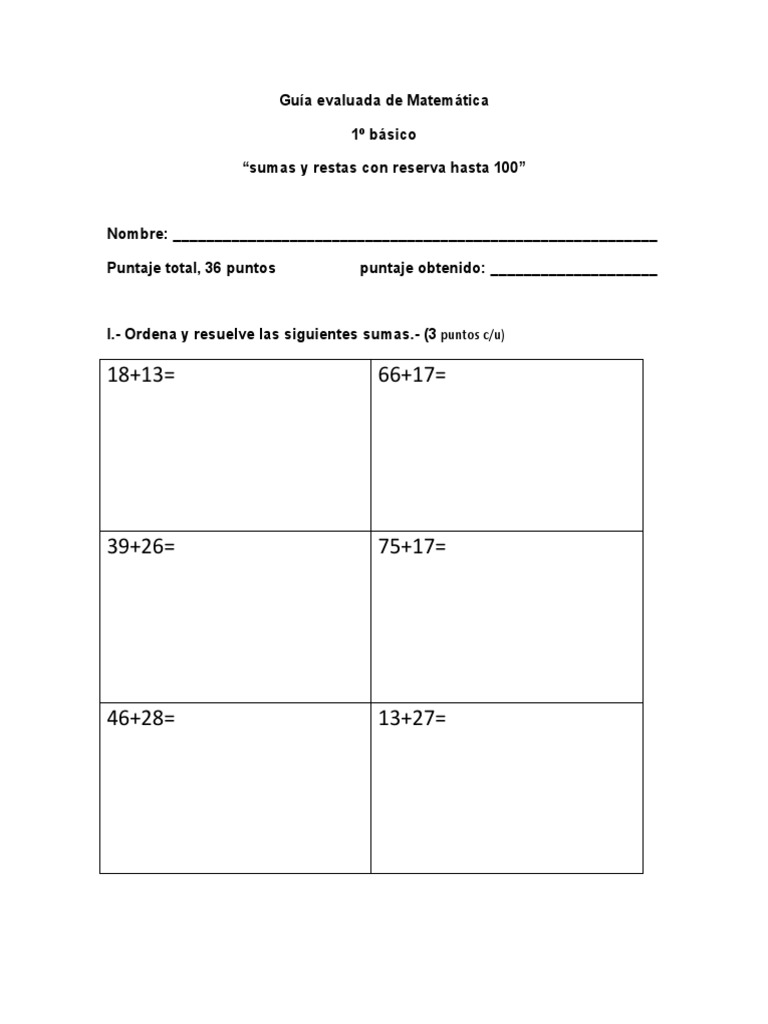 Prueba de Matemática Sumas y Restas Con Reserva | PDF