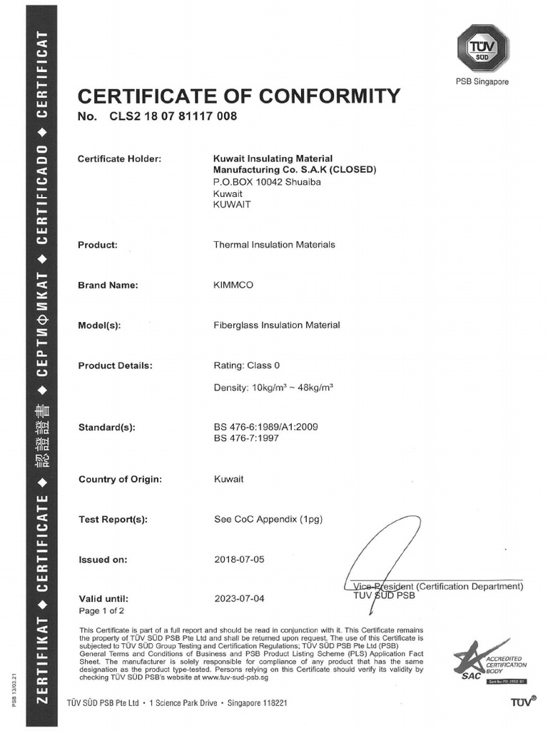 Certificate of Conformity - Pipe Insulation - PSB Singapore Rigid Pipe-2018 - 2023 | PDF