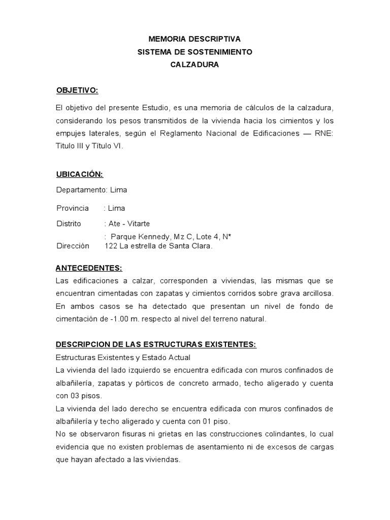 Memoria Descriptiva - Sostenimiento de Calzaduras - ATE | PDF