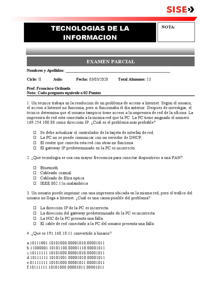 It Essentials - Examen Parcial | PDF | Dirección IP | Red de computadoras