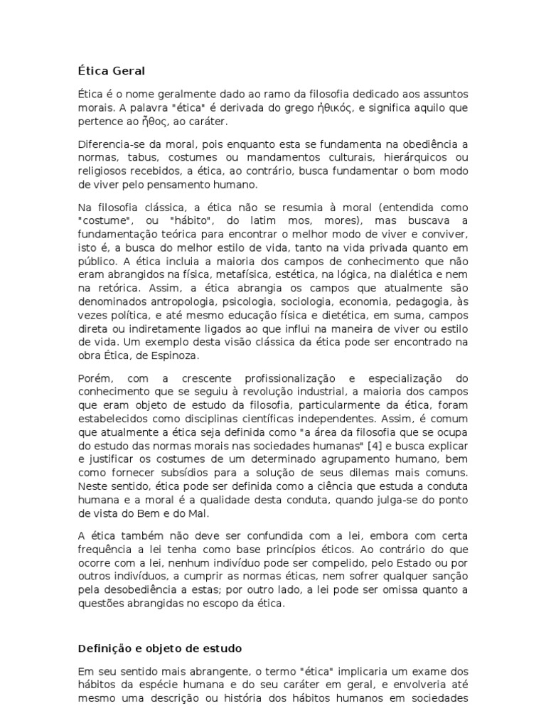 Definição, objeto de estudo e fundamentos da ética geral | PDF ...