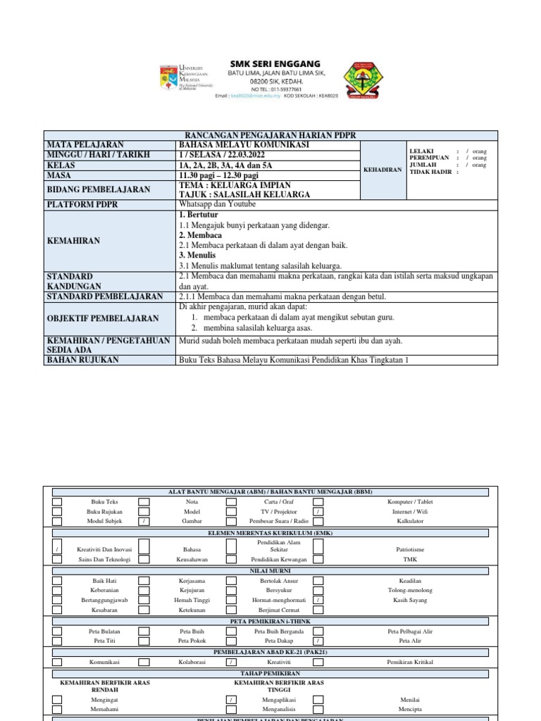 Rancangan Pengajaran Harian PDPR (BM) | PDF