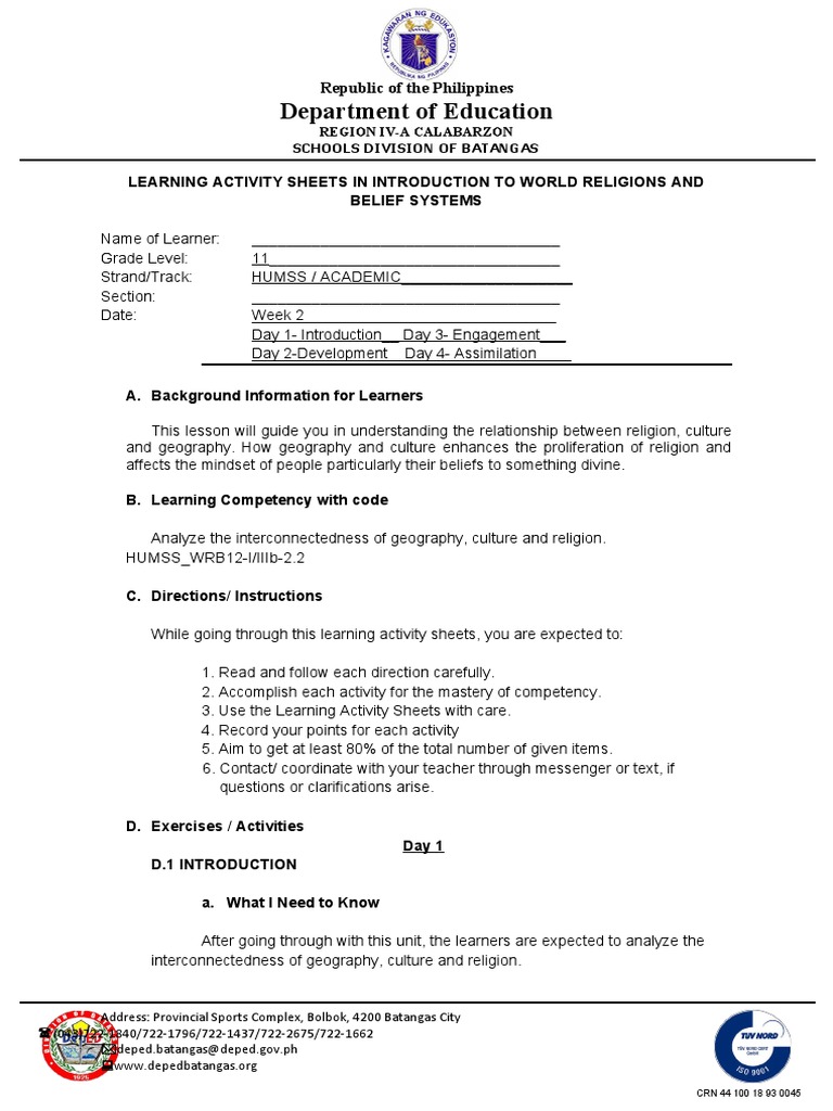 World Religions Learning Activity Sheet | PDF | Ecumenism | God