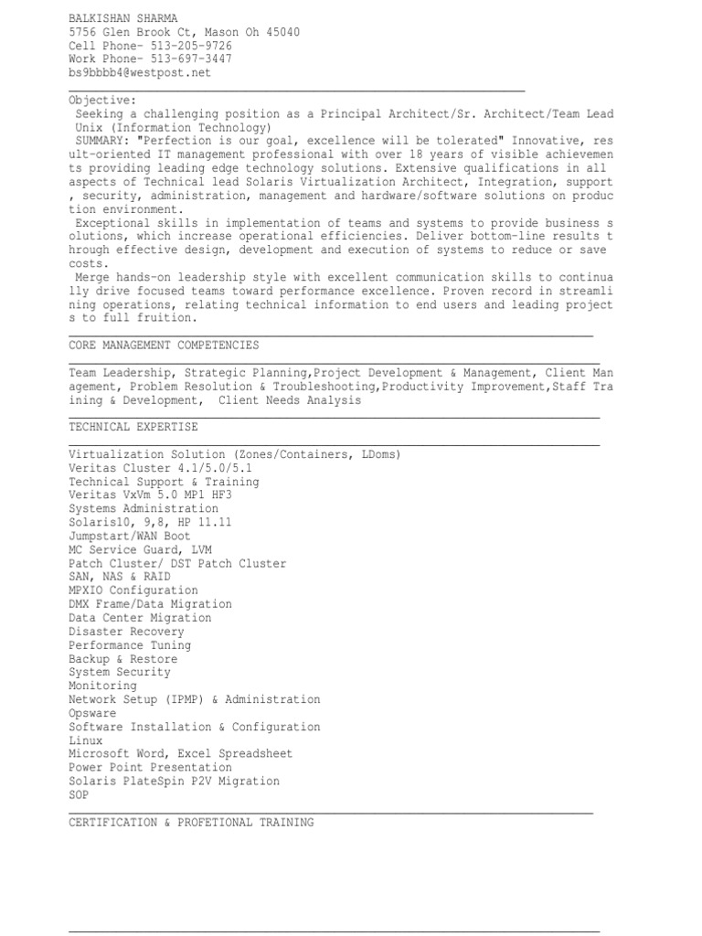 Sr. Solaris Engineer/Architect | PDF | Virtualization | Computer Cluster