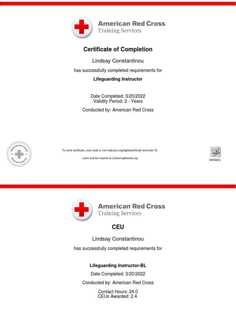 Lifeguarding Instructor Certificate - Lindsay Constantinou | PDF
