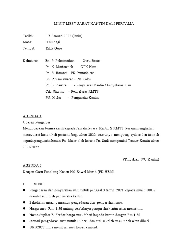 Kawi Minit-Mesyuarat-Kantin-Kali-Pertama | PDF