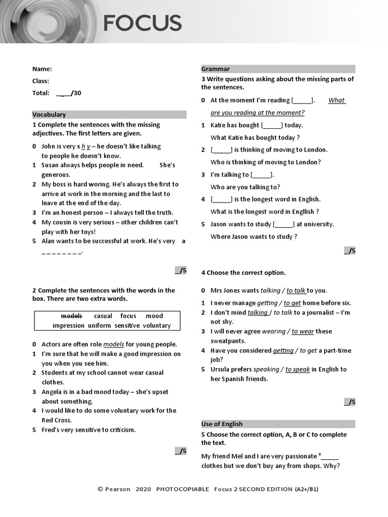 Focus2 - 2E - Unit - Test - Vocabulary - Grammar - UoE - Unit1 - GroupA ...