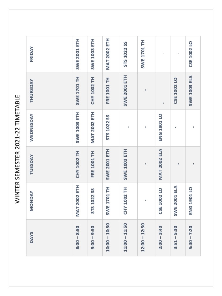Timetable Winter Semester | PDF