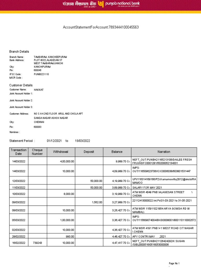 Tambaram Bank Account Statement | PDF | Cheque | Banks