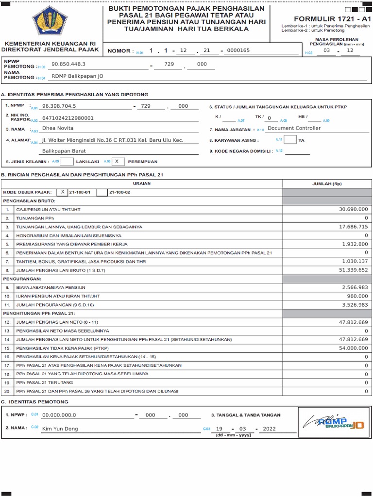 Formulir-1721-A1-RDMP Balikpapan JO-Dec-2021-Dhea Novita | PDF