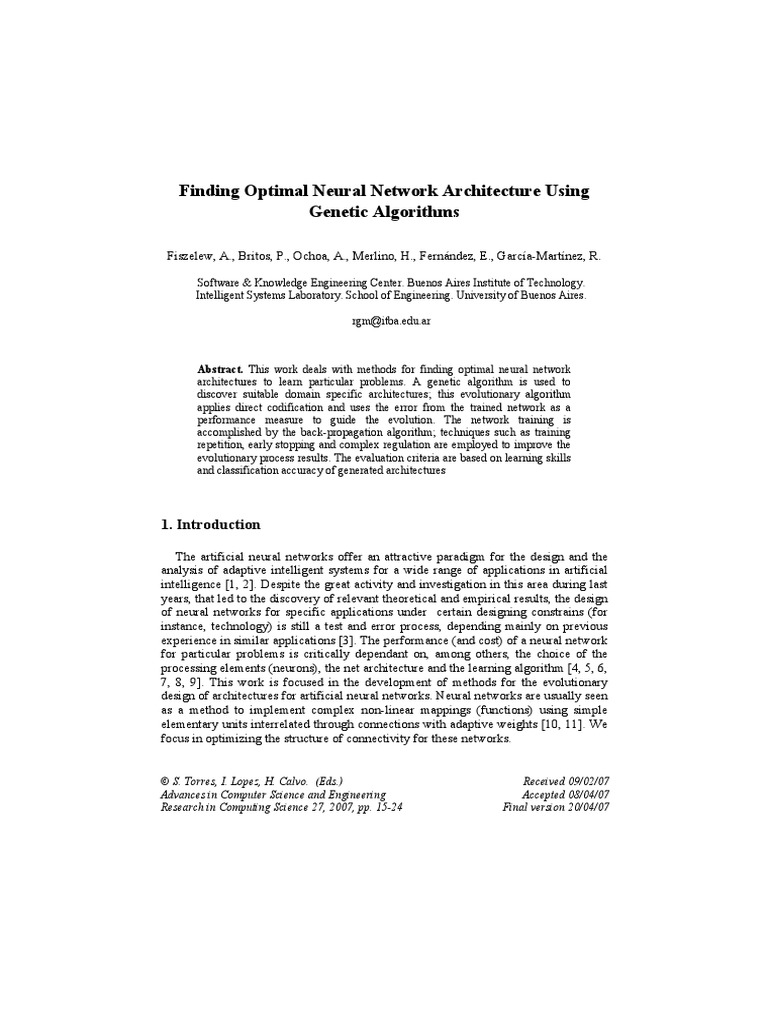 Finding Optimal Neural Network Architecture Using Genetic Algorithms Pdf Artificial Neural