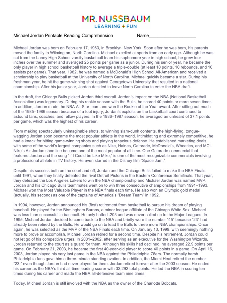 Michael Jordan Printable Reading Comprehension Name | PDF | Chicago ...