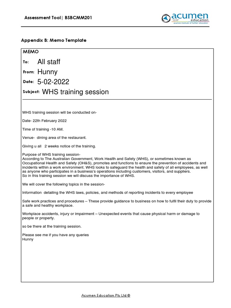 Appendix B - Memo Template - BSBCMM201 Practical | PDF | Career & Growth | Business