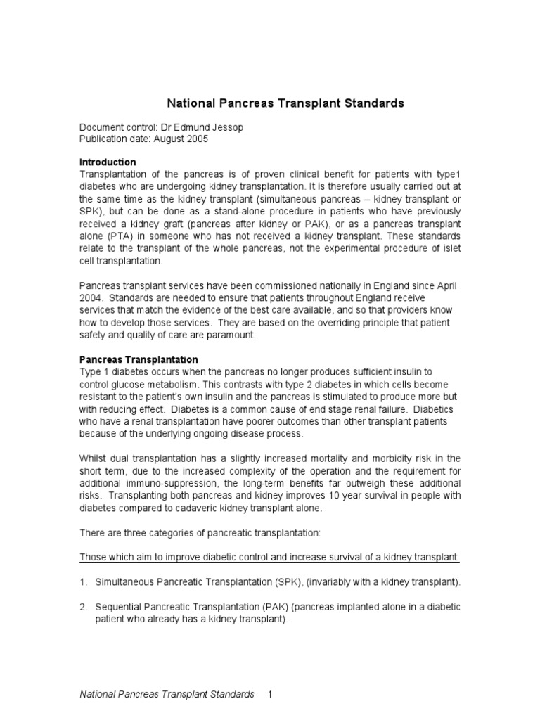 National Pancreas Transplant Standards 1 | PDF | Kidney Transplantation ...