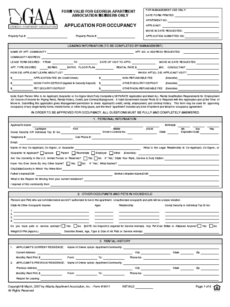Application For Occupancy: Form Valid For Georgia Apartment Association ...