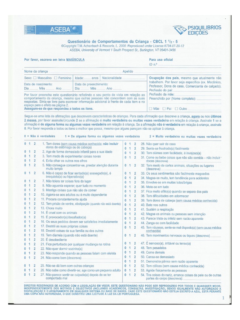 CBCL 1,5-5 Anos - Questionário | PDF