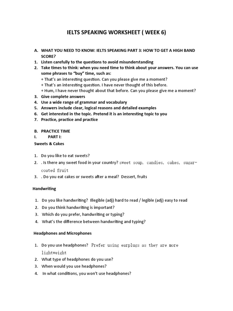 IELTS Speaking Worksheet Week 6 | PDF | Coffeehouse | Candy