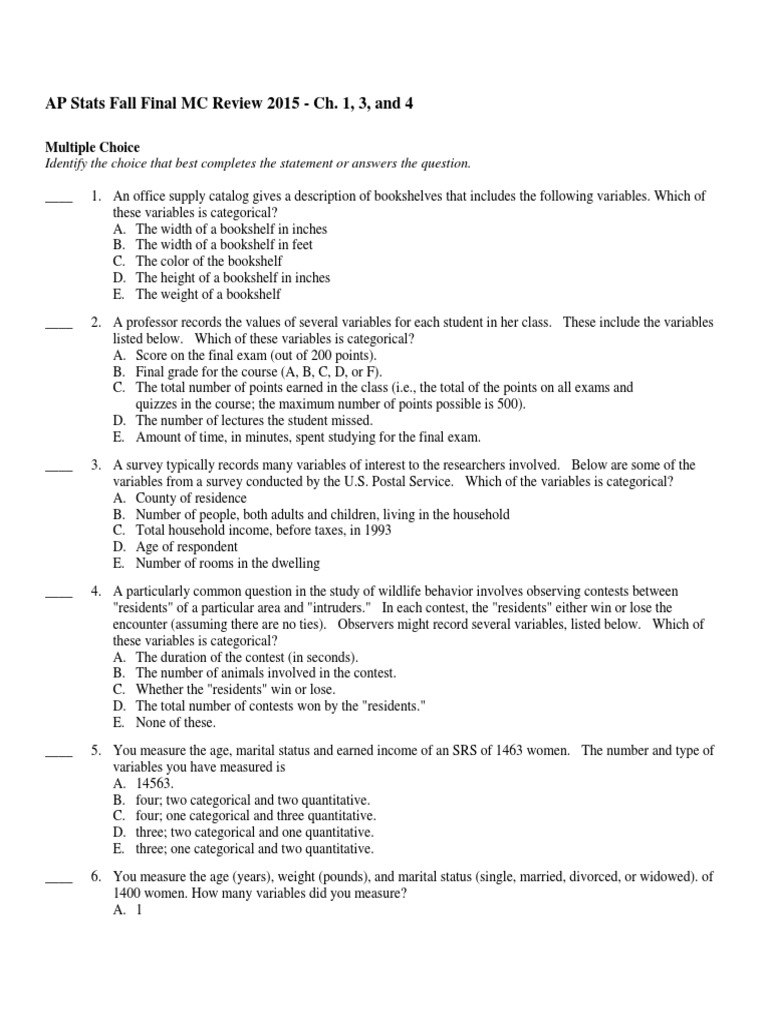 Fall Final Review MC 2015 - Ch. 1 - 3 - 4 | PDF | Errors And Residuals | Scatter Plot