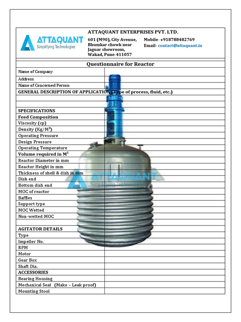 Questionnaire For Reactor: Attaquant Enterprises Pvt. LTD | PDF