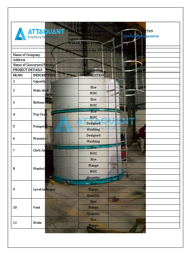Storage Tank Datasheet | PDF | Mechanical Engineering | Gas Technologies