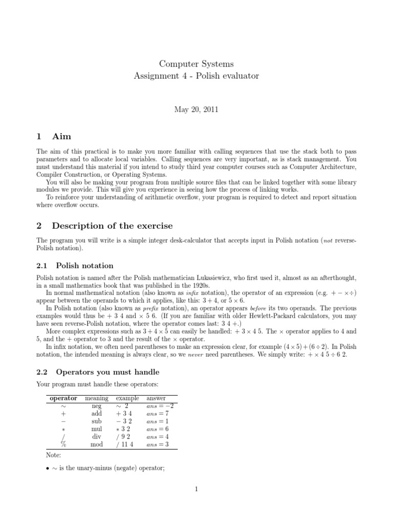 Computer Systems Assignment 4 - Polish Evaluator | Download Free PDF | Subroutine | Random ...