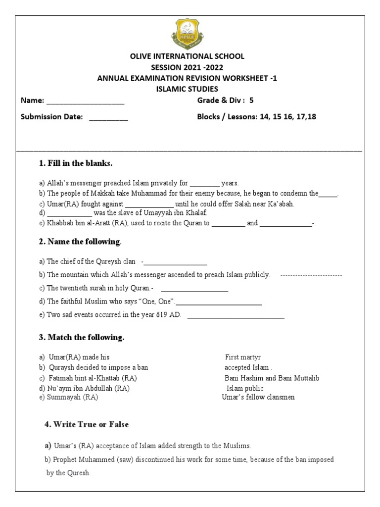 Revision Worksheet - 1 Grade 5 Islamic Studies 2021 | PDF | Muhammad | Umar