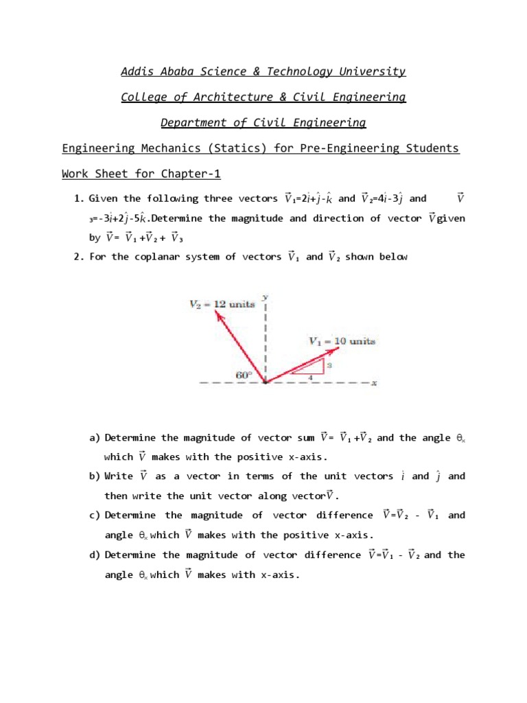 Vector Operations Worksheet for Engineering Mechanics Chapter 1: Determining the Magnitude and ...