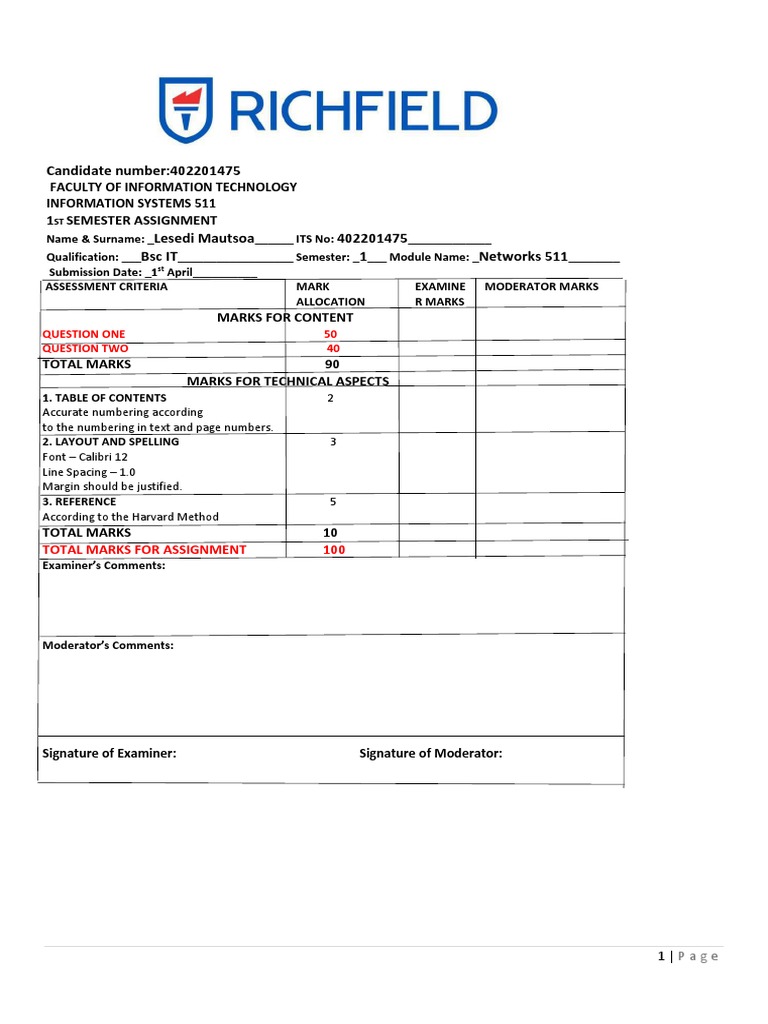 Networks 511 Assignment Overview | PDF | Network Topology | Computer ...