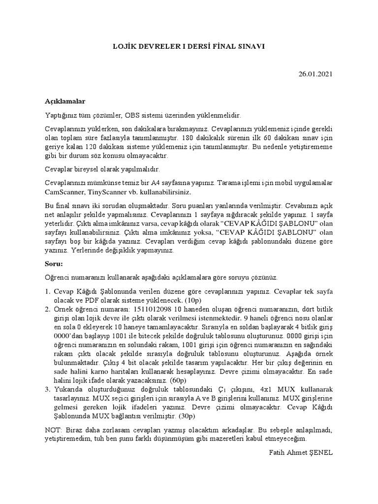 Loji̇k Devreler I Dersi̇ Fi̇nal Sinavi | PDF