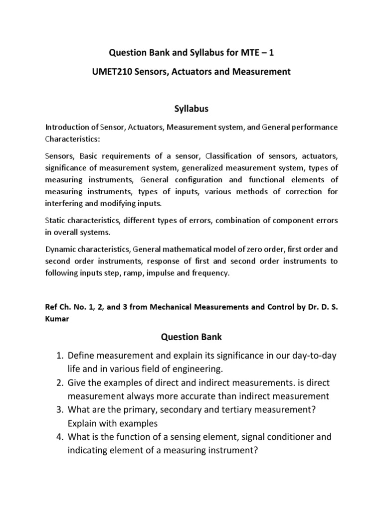 Question Bank and Syllabus For MTE - 1 (Sensors, Actuators and Measurement) | PDF | Accuracy And ...
