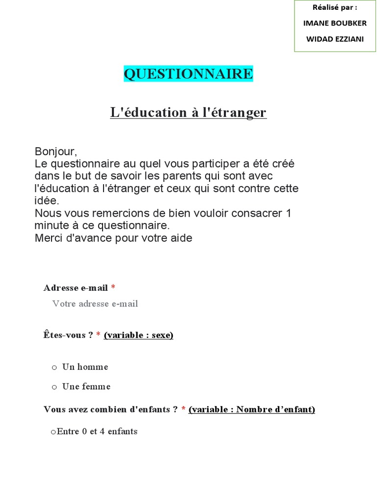 Questionnaire sur l'éducation à l'étranger | PDF | Développement ...