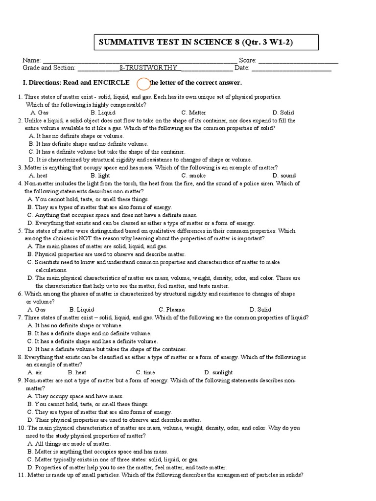 1st Summative Test | PDF | Matter | Liquids