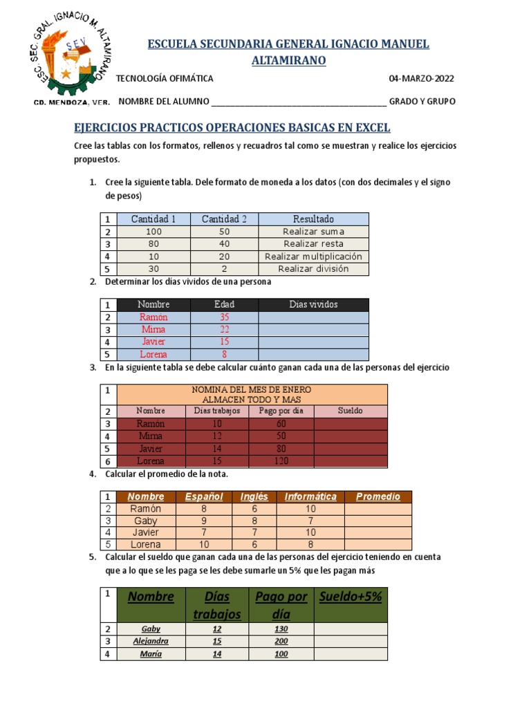 Operaciones Basicas En Excel Suma Resta Multiplicacion Y SUMAR Y