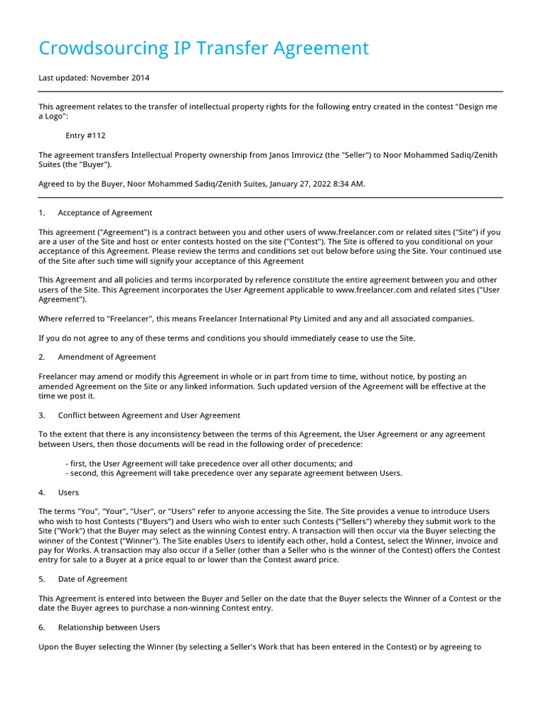 Crowdsourcing IP Transfer Agreement | PDF | Indemnity | Legal Liability