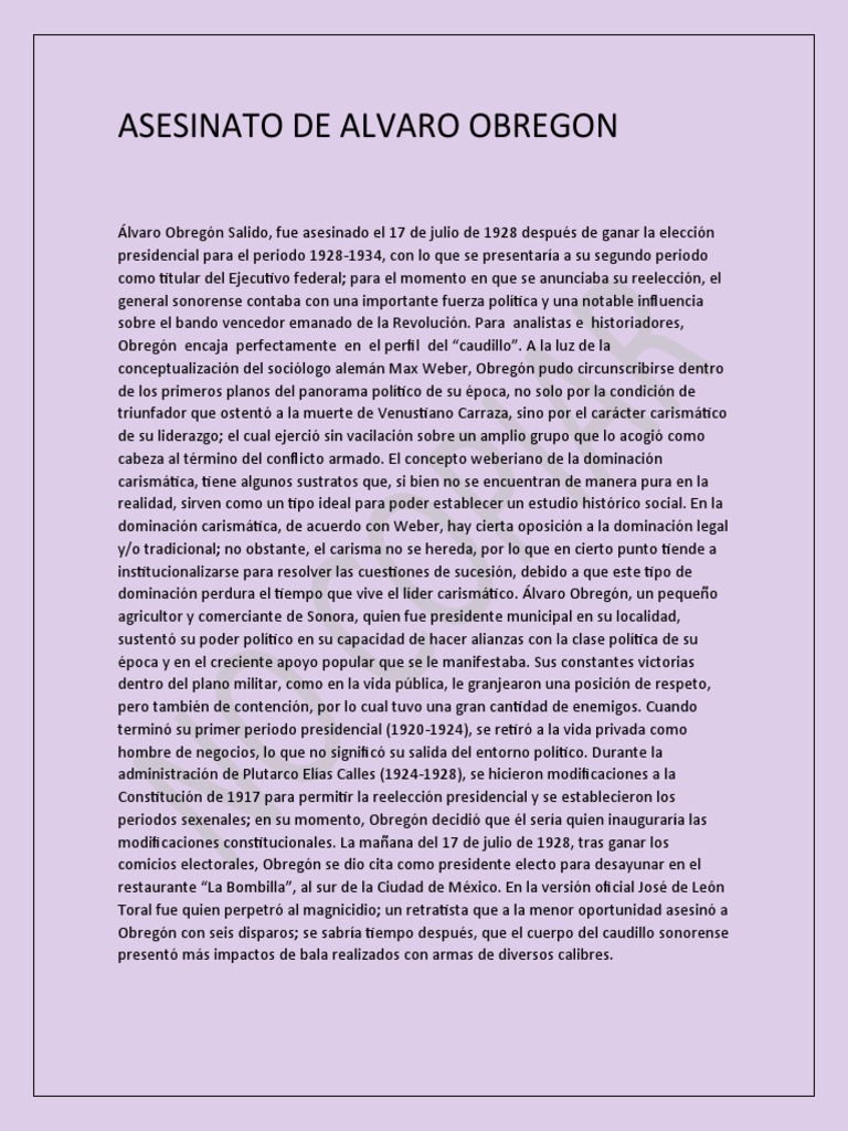 Asesinato De Alvaro Obregon Pdf México Politica De Mexico