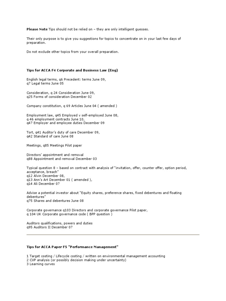 Opentuition ACCA Exam Tips - June 2011 | PDF | Economies | Business