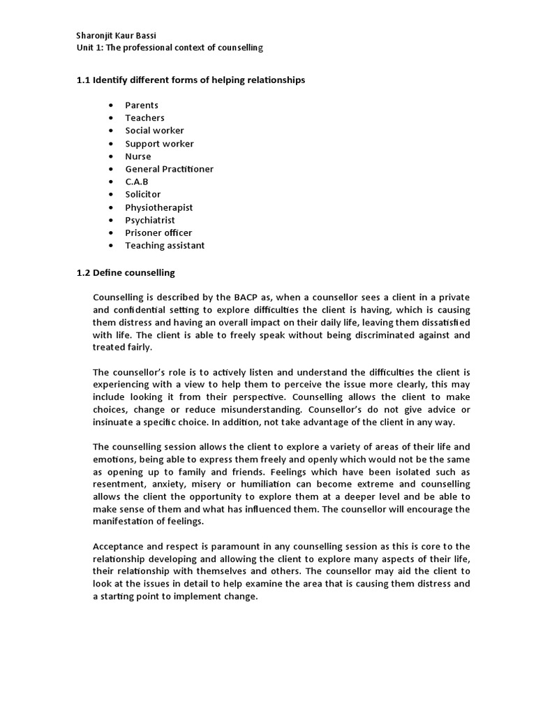 Counselling Course Unit 1 | PDF | Psychotherapy | Applied Psychology