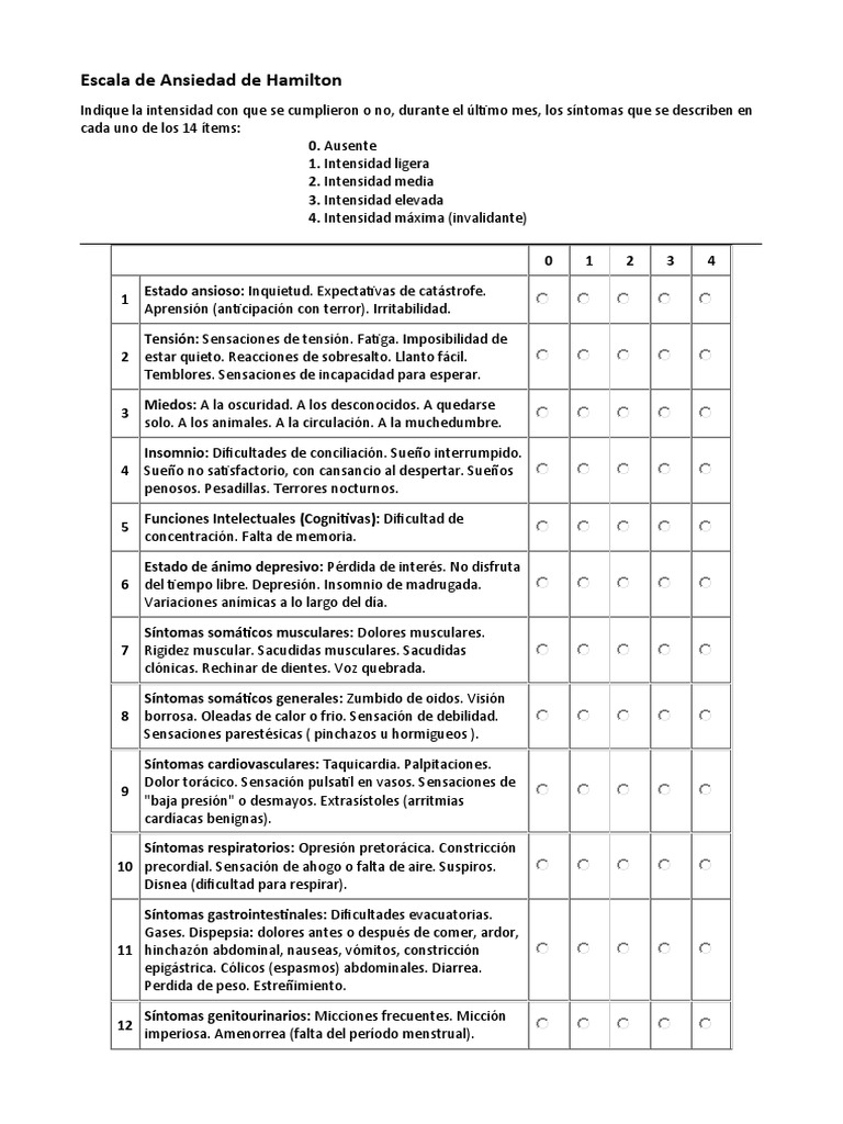 Escala de Ansiedad de Hamilton | PDF | Depresión (estado de ánimo ...