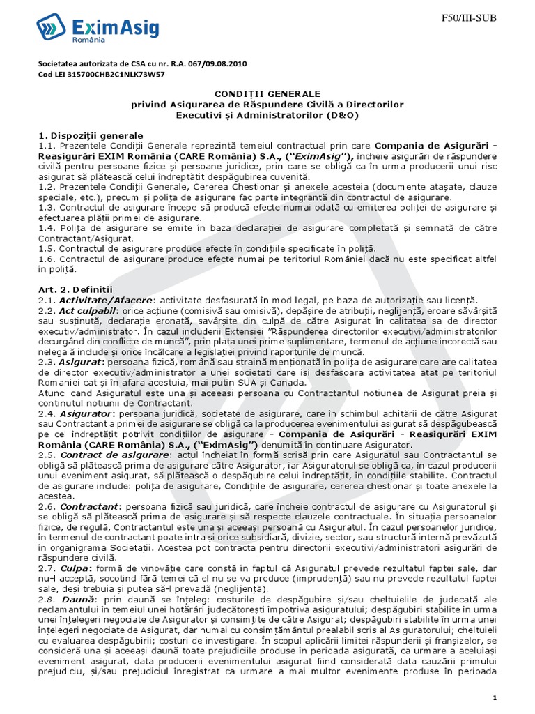Conditii Generale D&O | PDF