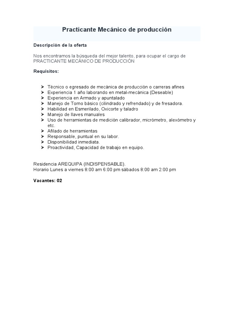Practicante Mecánica de Producción | PDF