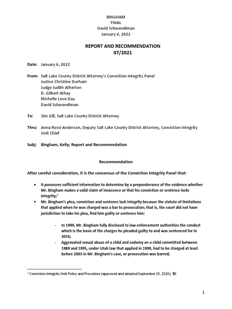 Bingham Case: Conviction Integrity Review | PDF | Plea | Prosecutor