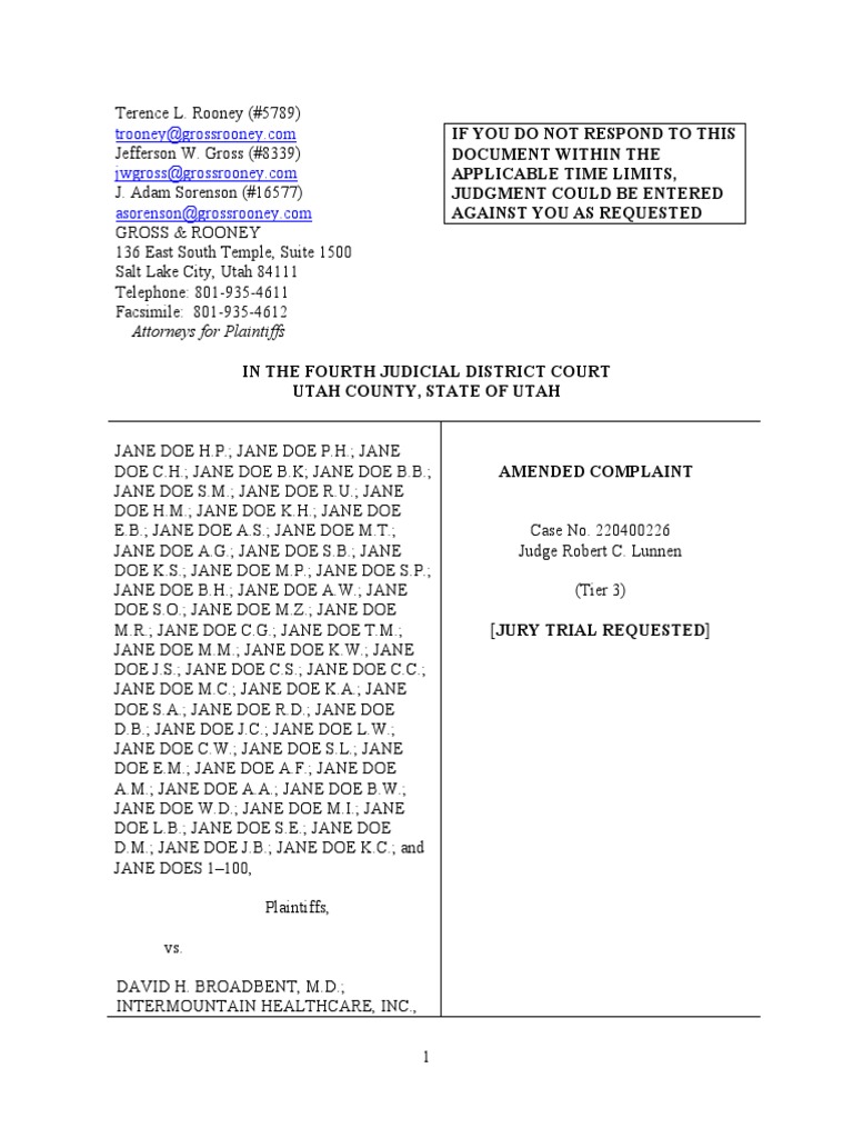David H Broadbent OBGYN Lawsuit Amended Complaint | PDF